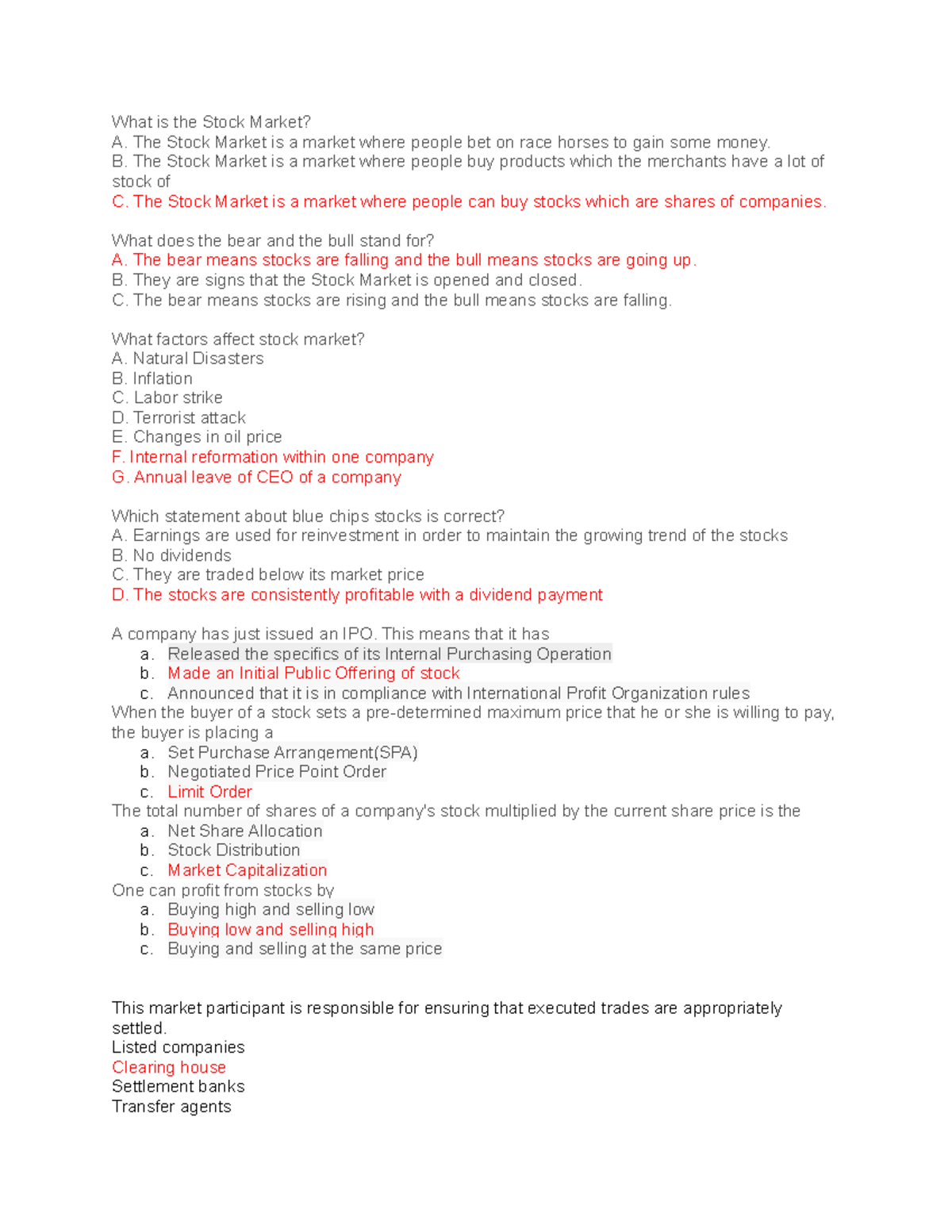 Financial market Summer Midterm exam - What is the Stock Market? A. The ...