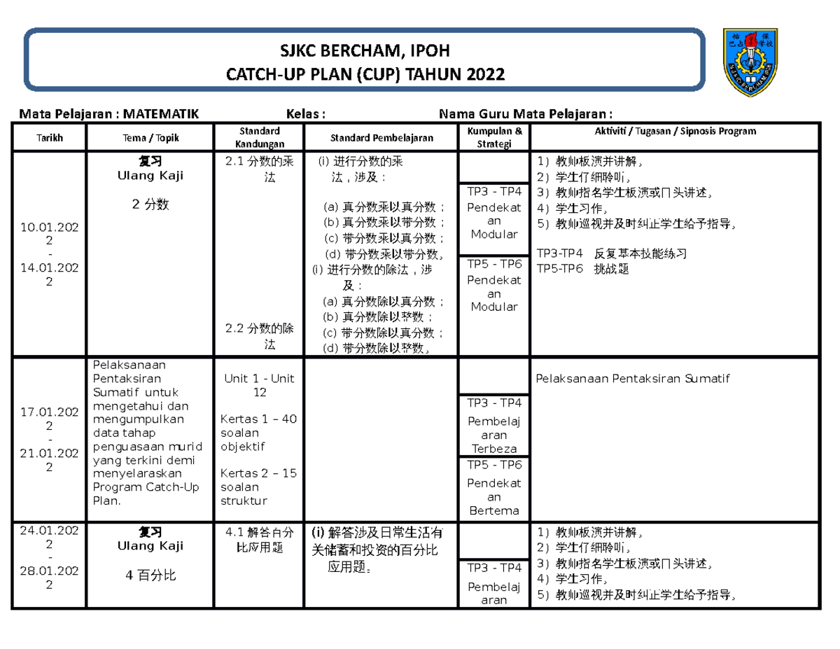 MM- Catch-UP PLAN Mingguan - Latest-std 6 - SJKC BERCHAM, IPOH CATCH-UP ...