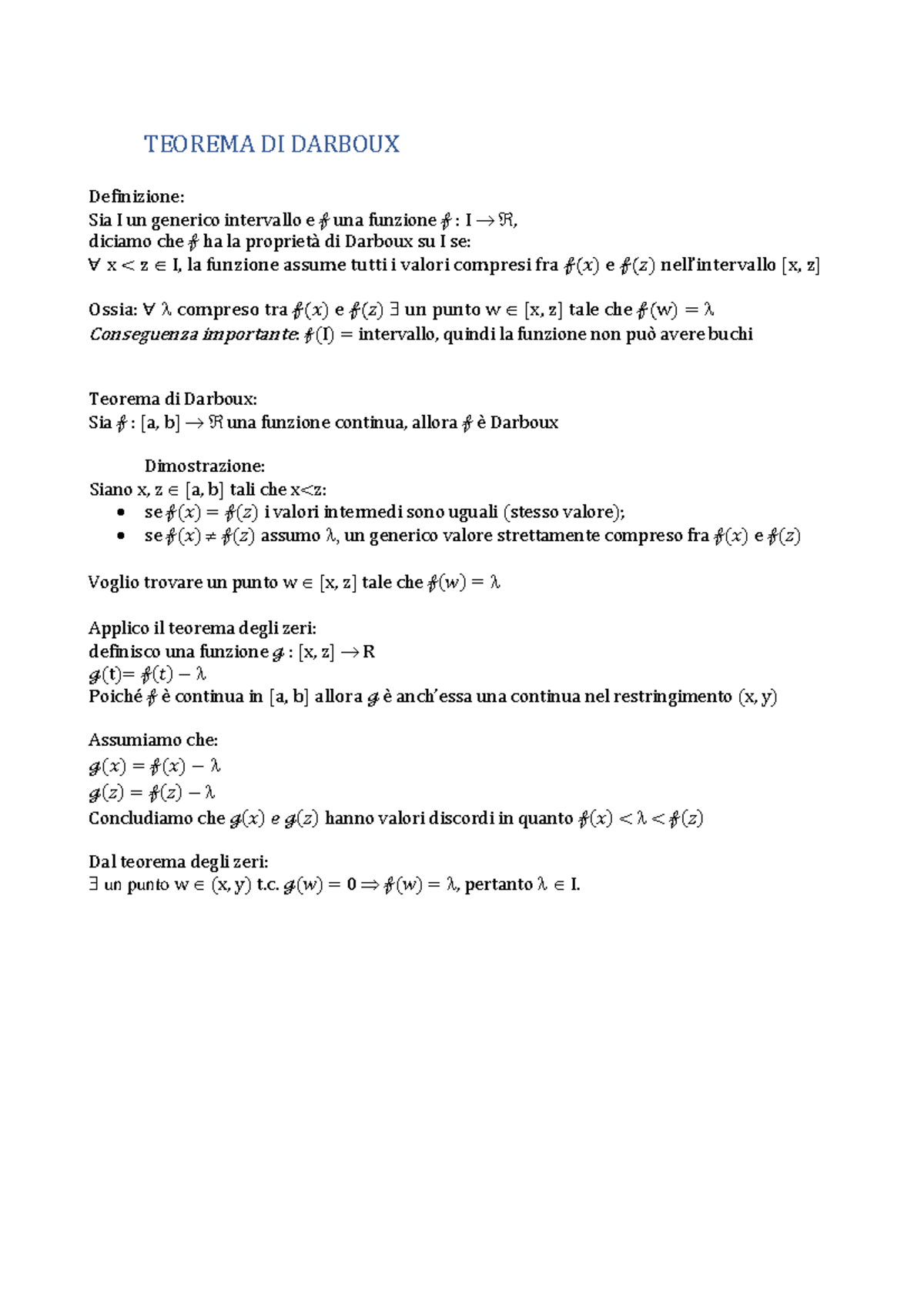 Teorema DI Darboux - TEOREMA DI DARBOUX Definizione: Sia I un generico ...