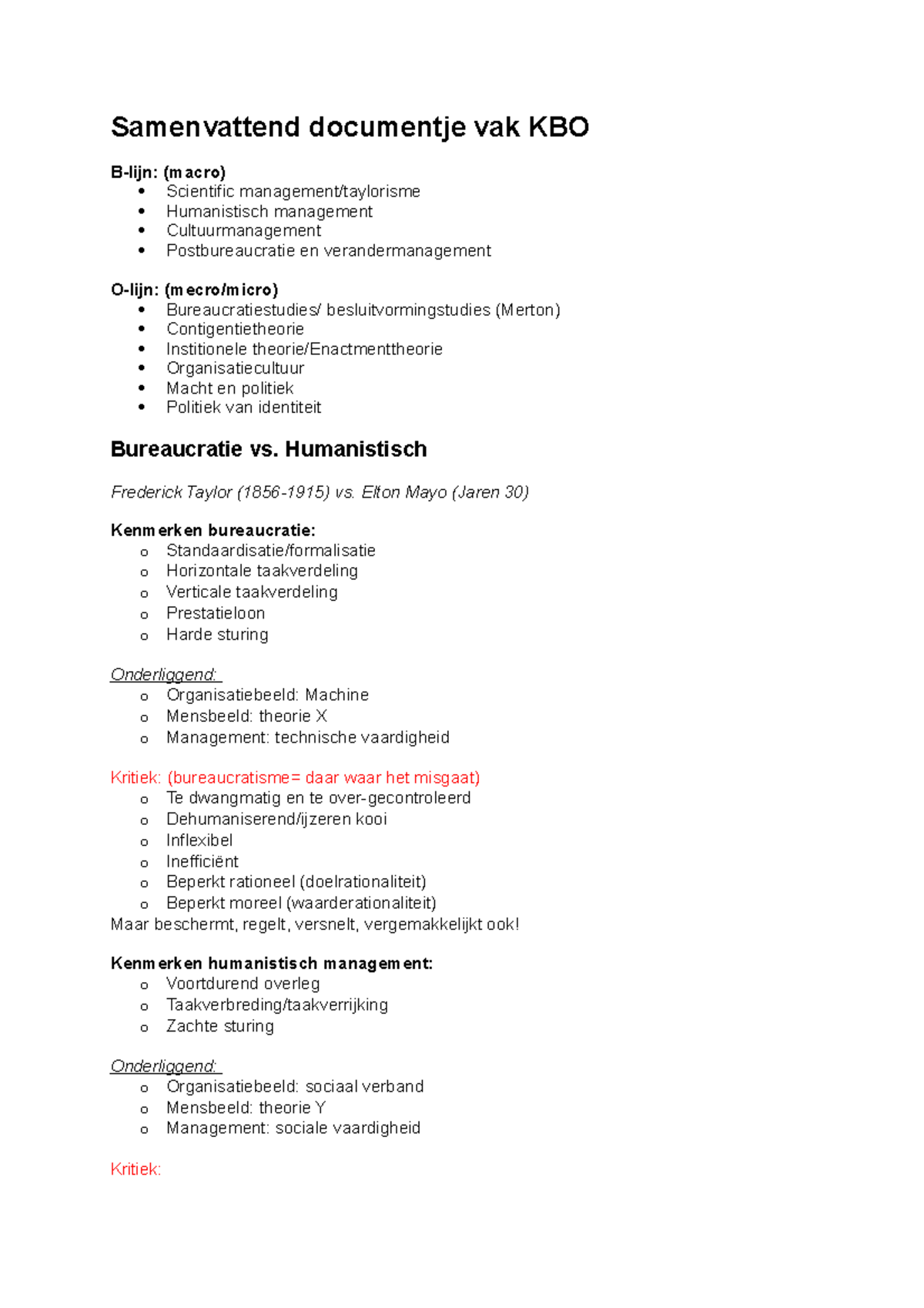 Samenvattend documentje vak KBO - Samenvattend documentje vak KBO B ...