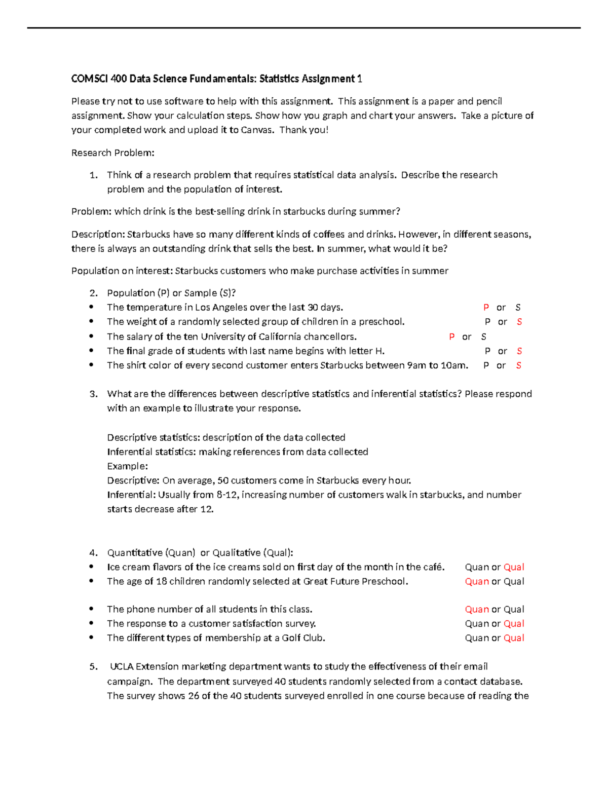 Comsci 400 Data Science Fundamentals Statistics Assignment 1 - This assignment is a paper and ...