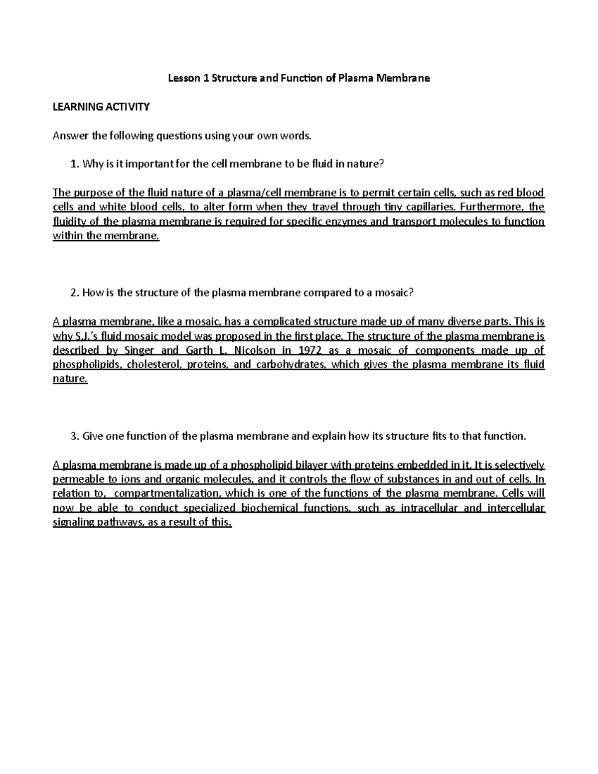Activity 1 Plasma Membrane - Lesson 1 Structure and Function of Plasma ...