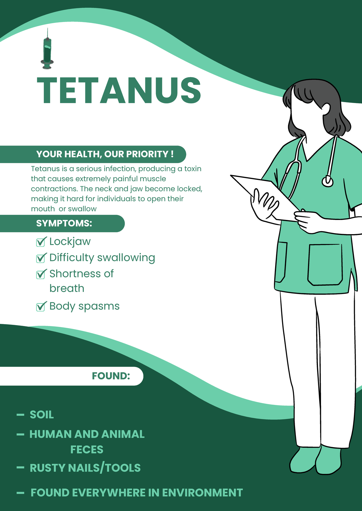Green Modern Medical Service Poster - TETANUS YOUR HEALTH, OUR PRIORITY ...