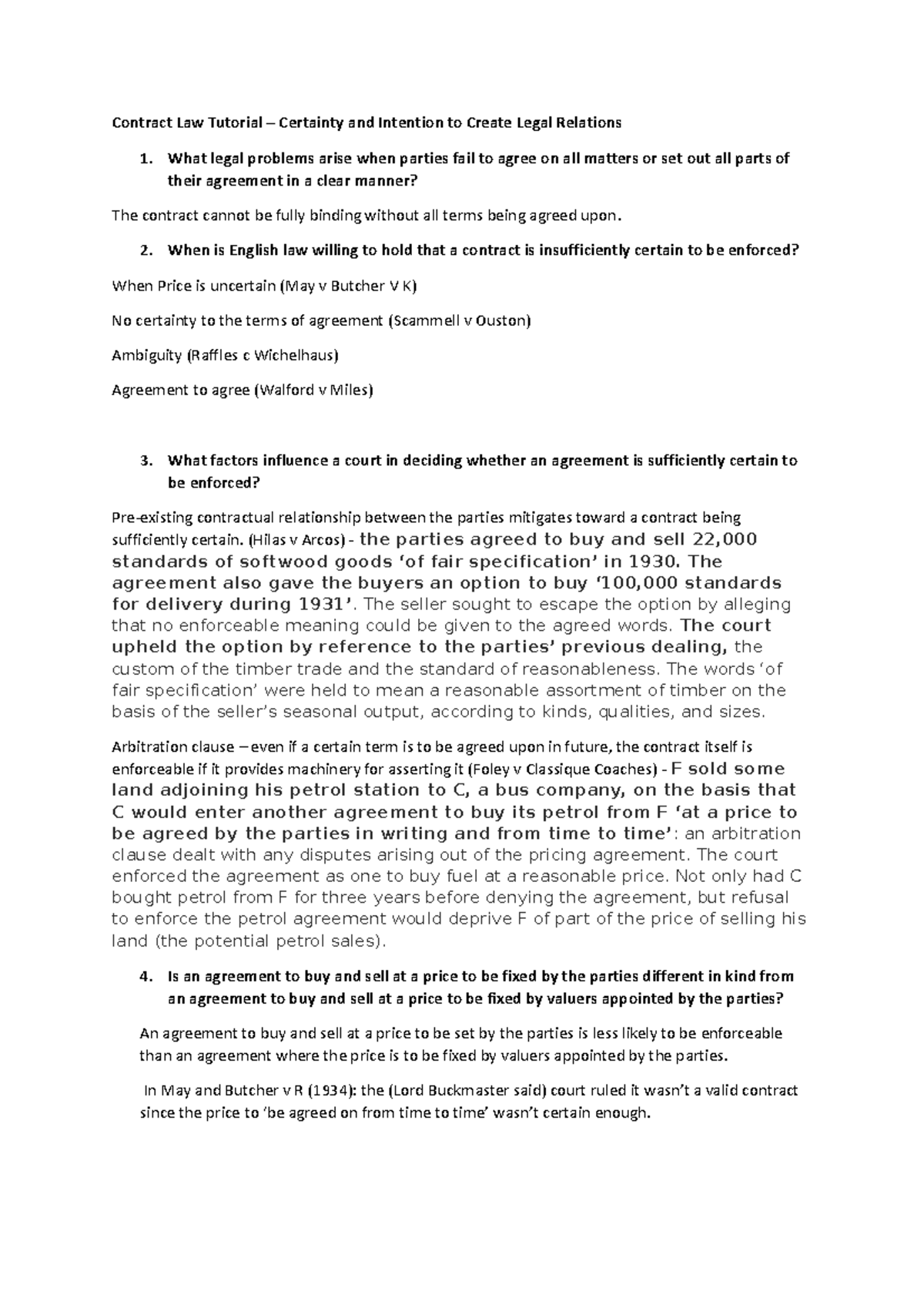 Contract Law Tutorial 3 - What legal problems arise when parties fail to agree on all matters or ...
