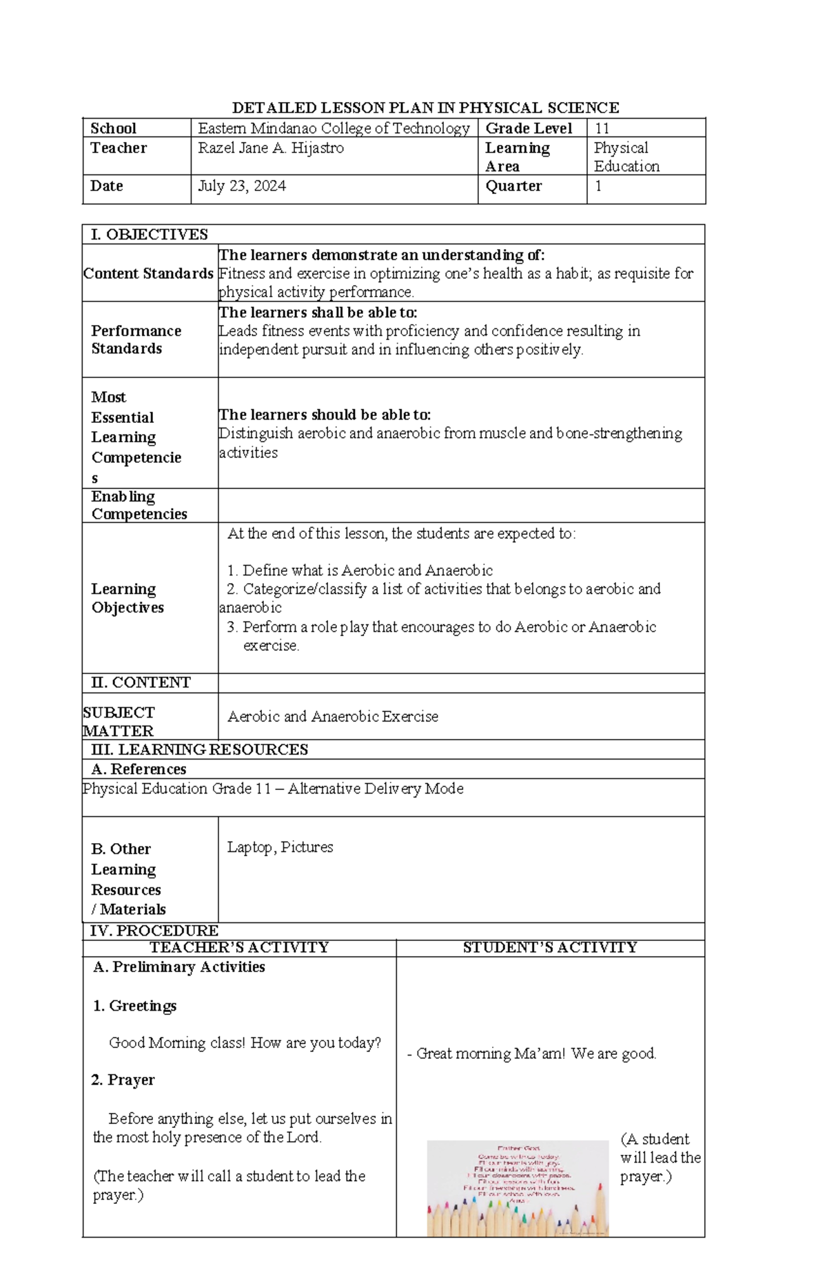 Physical Education 2 - Semi Detailed Lesson Plan in PE - DETAILED ...