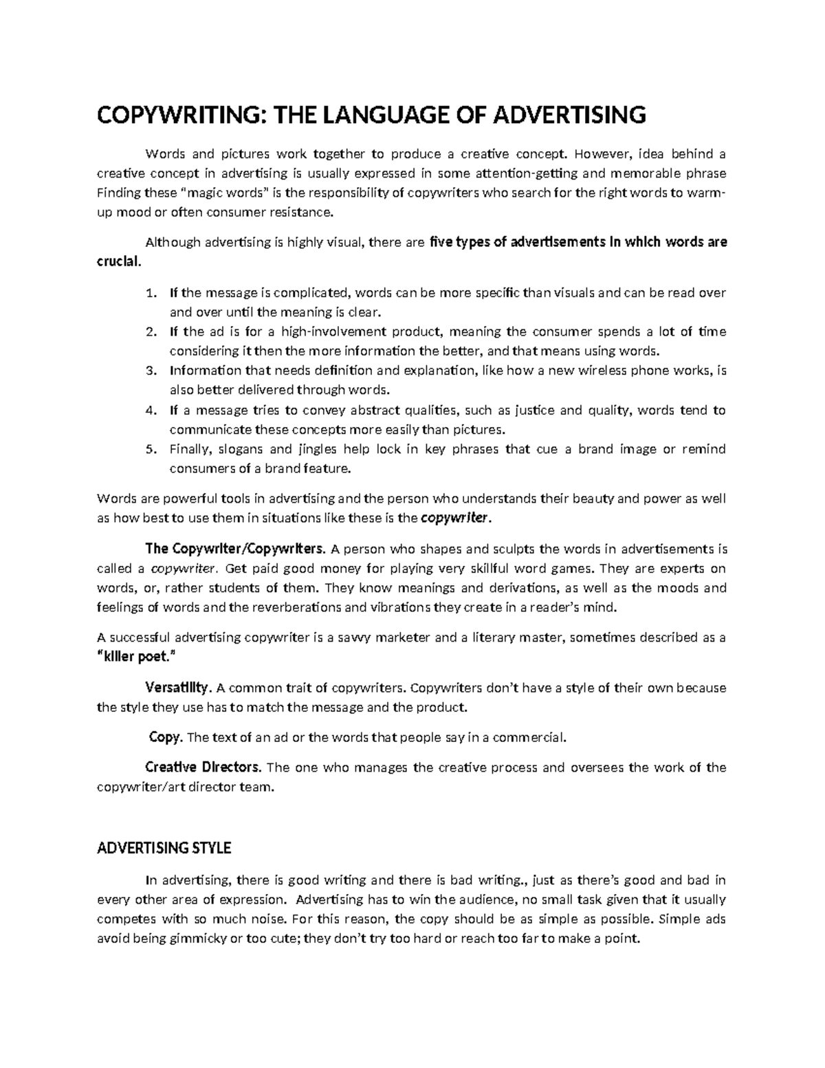 Copywriting - COPYWRITING: THE LANGUAGE OF ADVERTISING Words and ...