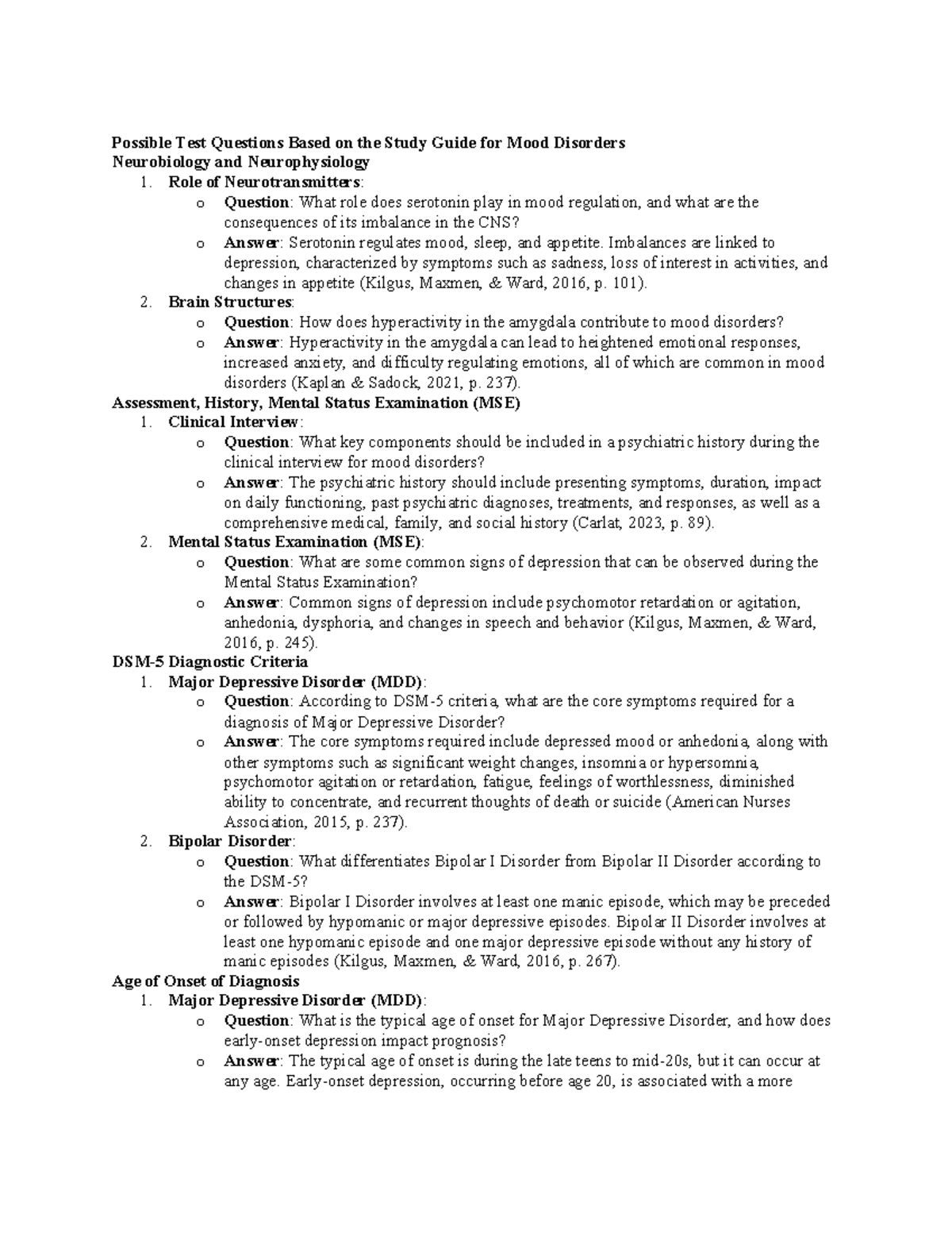 week 2 mood disorder study questions - Possible Test Questions Based on ...