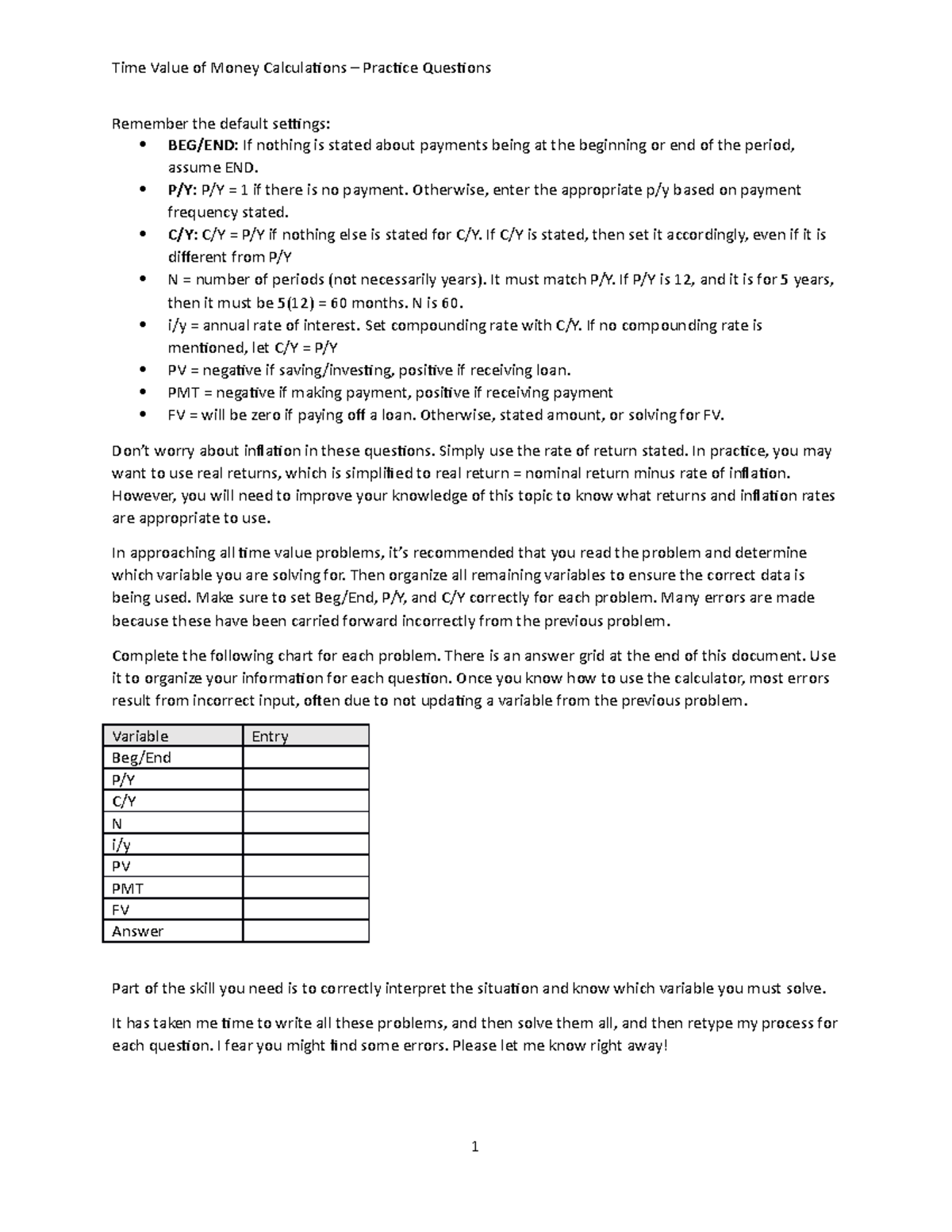 Time Value of Money Practice Questions with answers - corrections ...