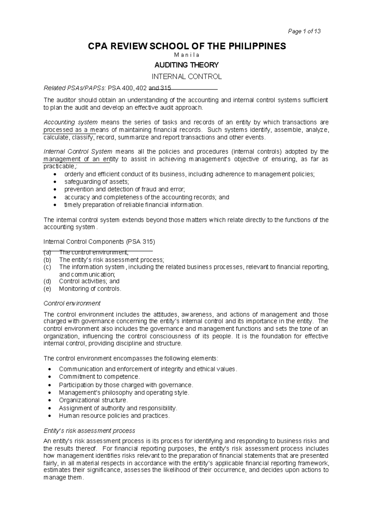 At-14-internal-control compress - Page 1 of 13 CPA REVIEW SCHOOL OF THE ...