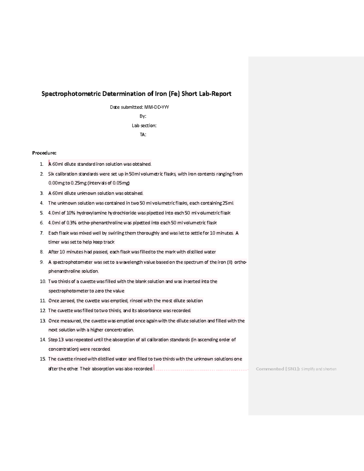 CHEM 1101 Experiment 1 Fe Typed Short Report - Spectrophotometric ...