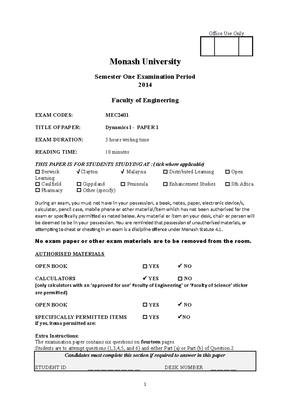 Exam 2014, questions - Office Use Only Monash University Semester One ...