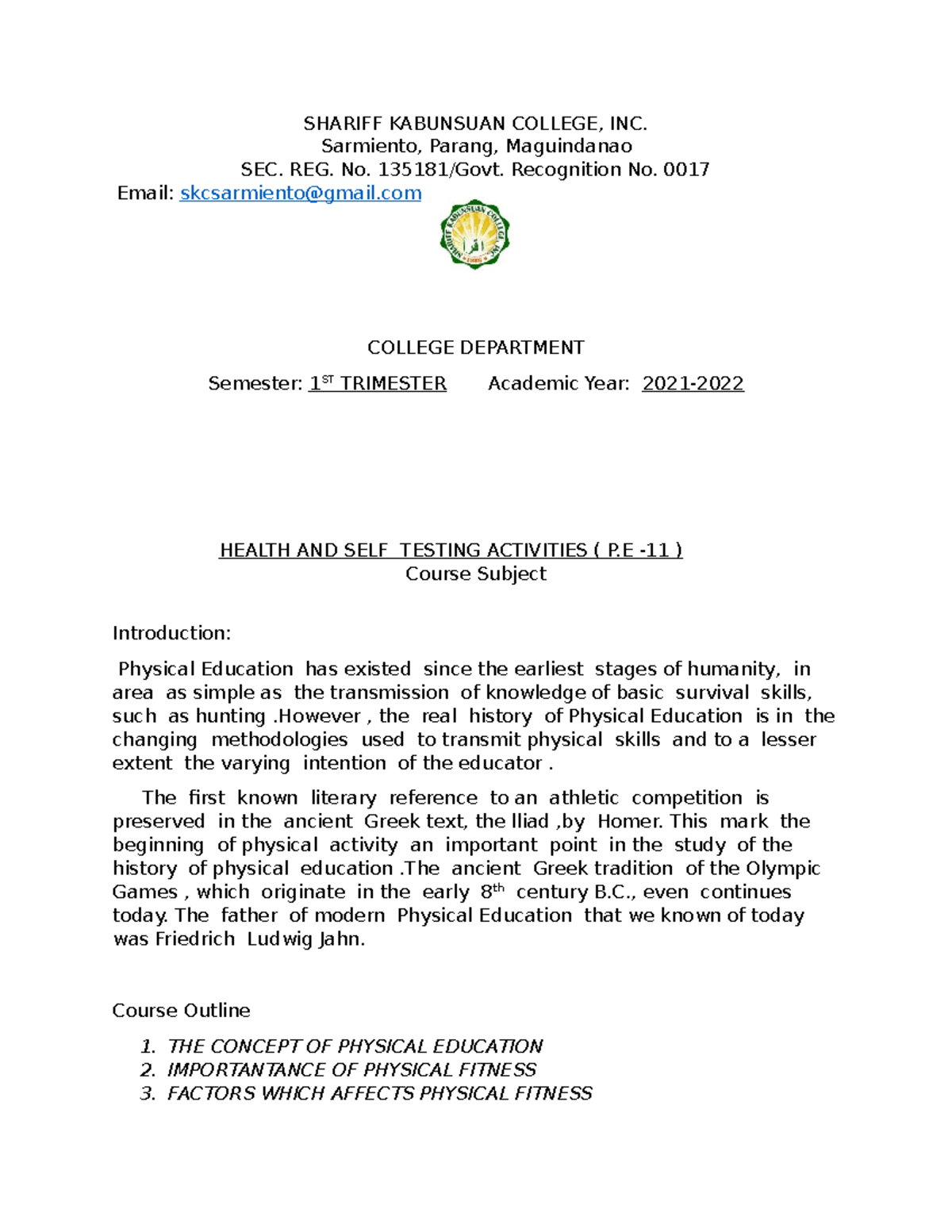 P.E 11 activity 2022 - SHARIFF KABUNSUAN COLLEGE, INC. Sarmiento ...