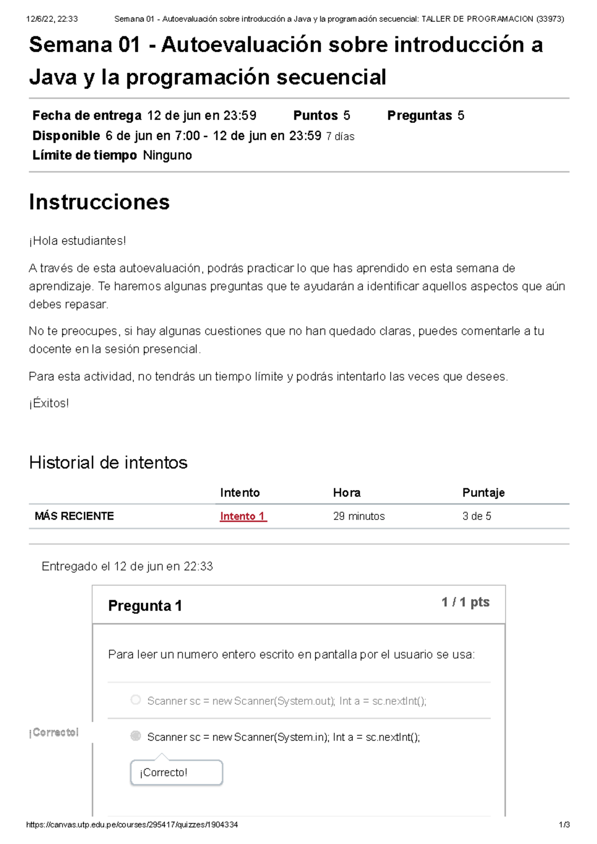 Semana 01 - Autoevaluación sobre introducción a Java y la programación secuencial Taller DE ...