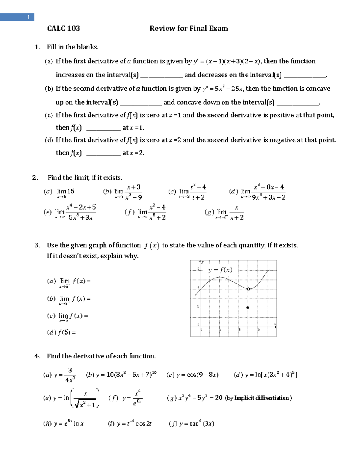 Final Exam 4 November 2019, questions - 1 CALC 103 Review for Final ...