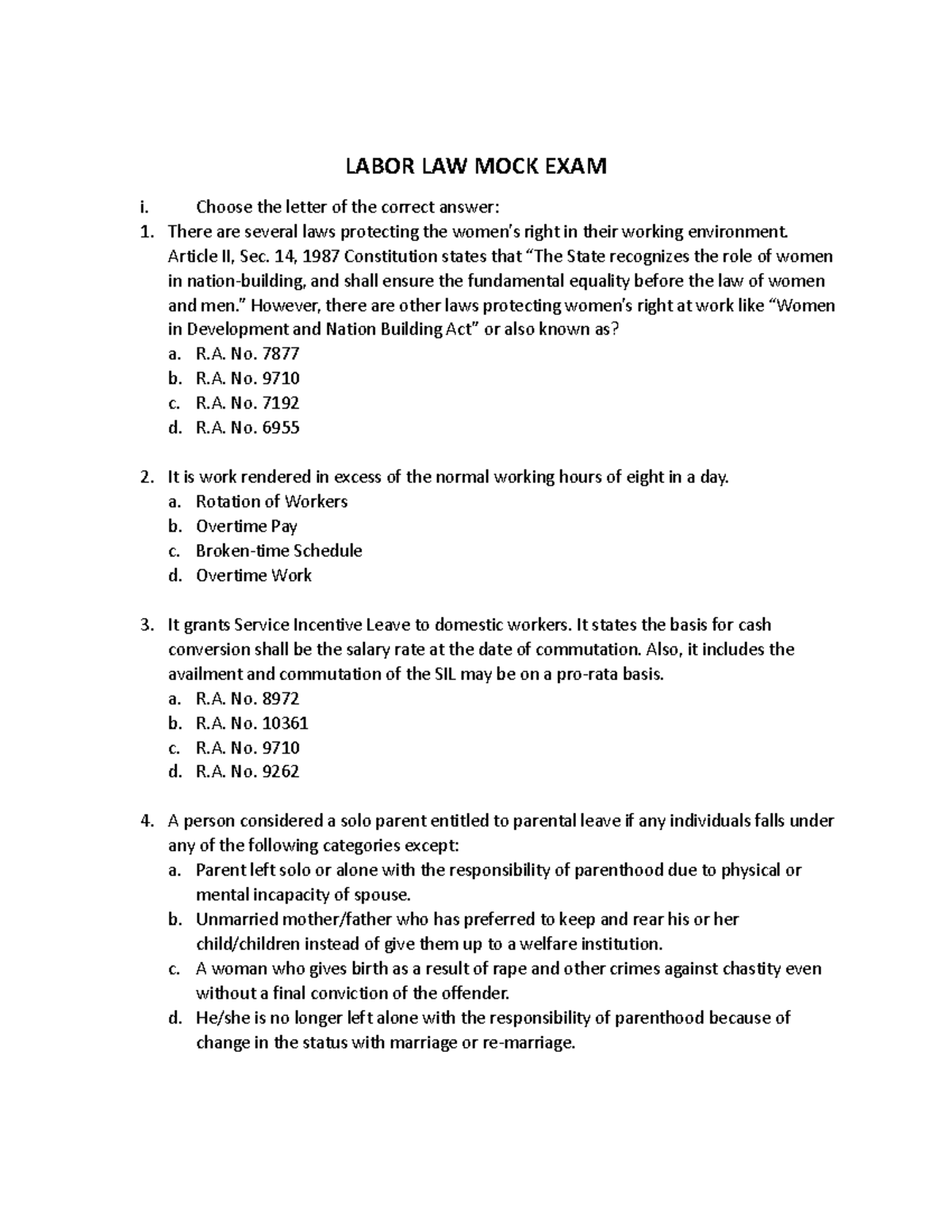 CHRA Test Drill - LABOR LAW MOCK EXAM i. Choose the letter of the ...