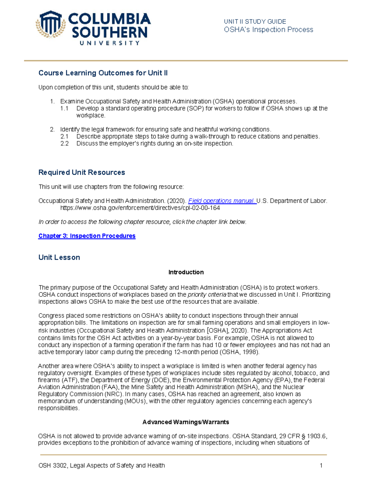 OSH 3302 Unit II Studey Guide - Course Learning Outcomes for Unit II Upon completion of this ...
