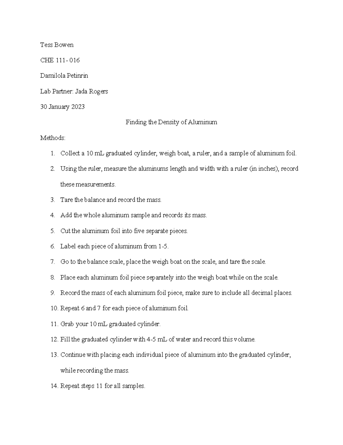 3 Bowen Tess - Essay - Tess Bowen CHE 111- 016 Damilola Petinrin Lab ...