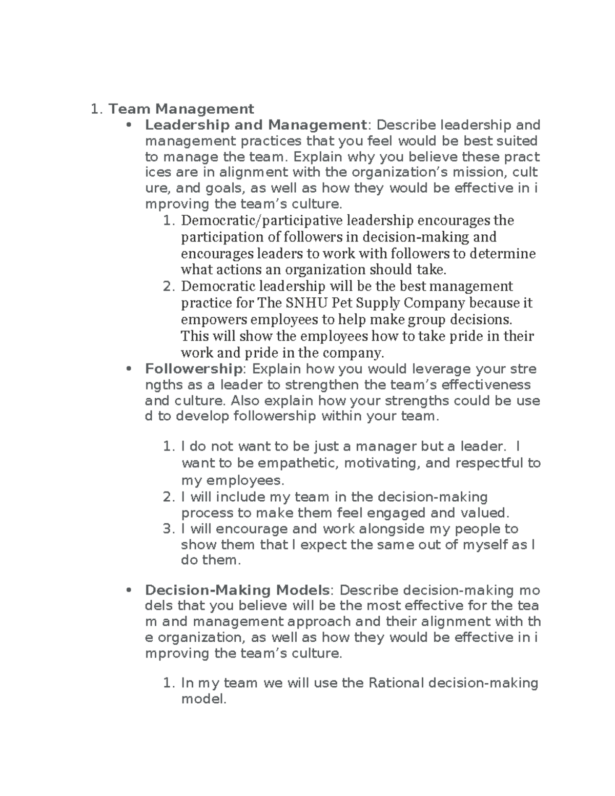 Project 1 - 1. Team Management Leadership and Management: Describe ...