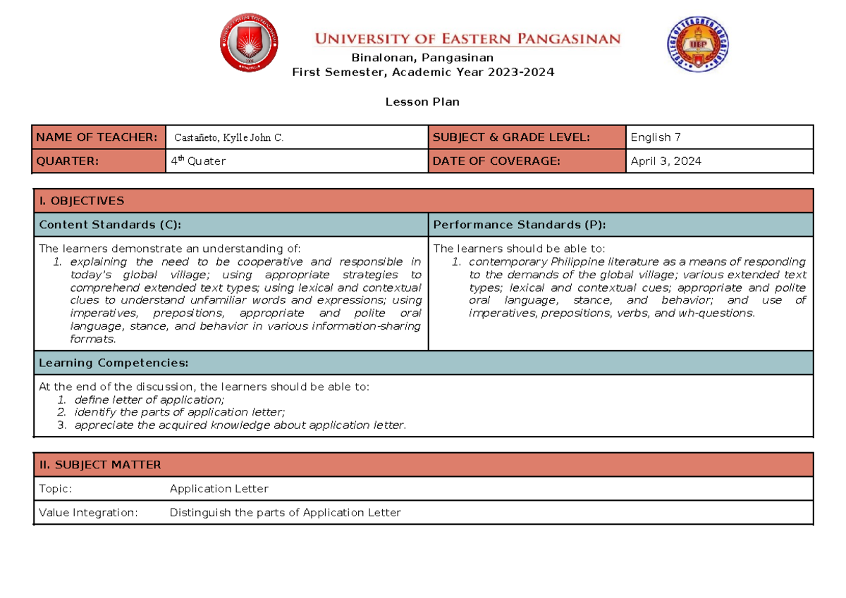 LP-Q4-W1 - Lesson Plan - First Semester, Academic Year 2023- Lesson ...
