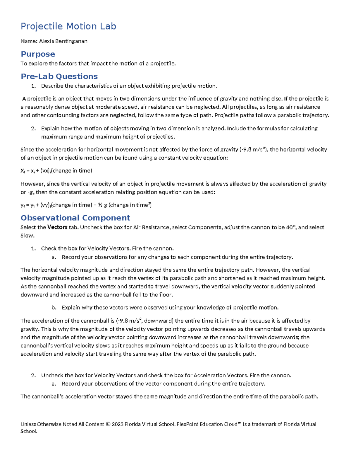 Projectile Motion Lab - Worksheet - Projectile Motion Lab Name: Alexis ...