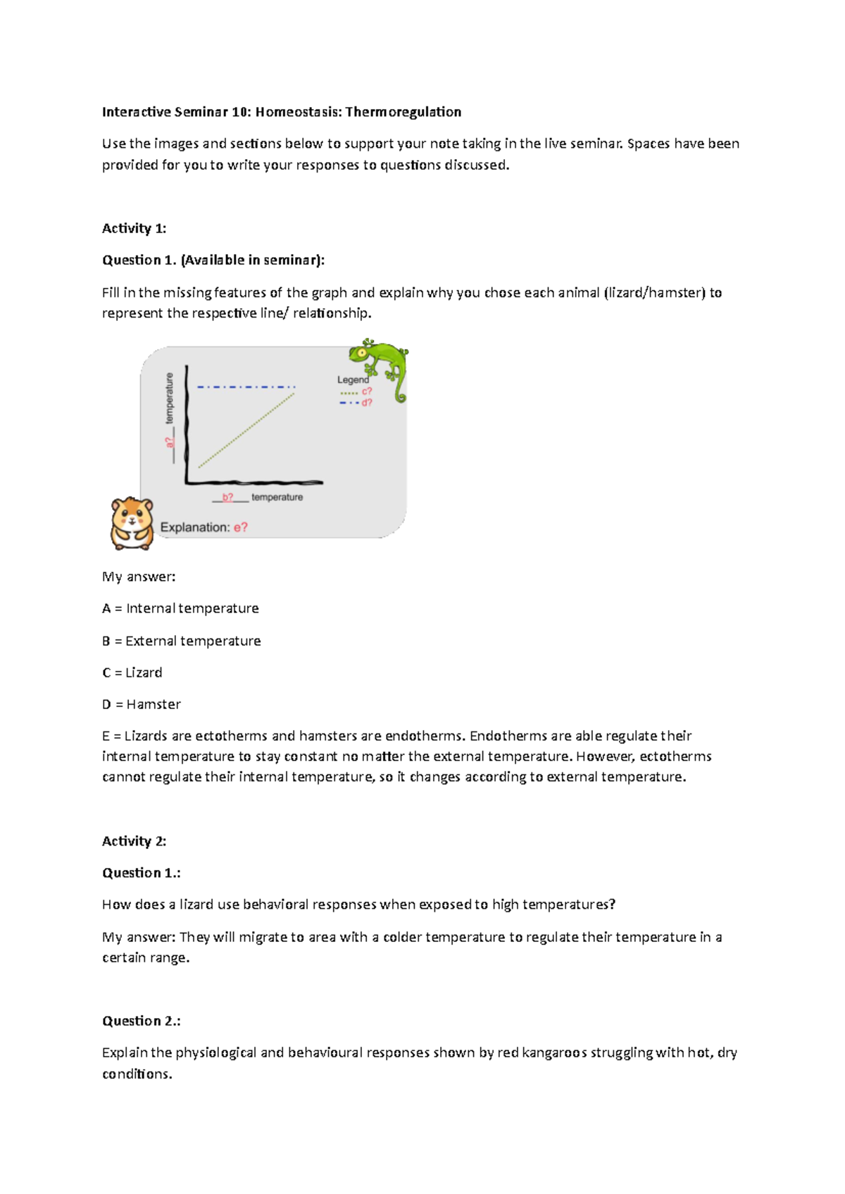 Homeostasis- Thermoregulation Worksheet - Interactive Seminar 10 ...