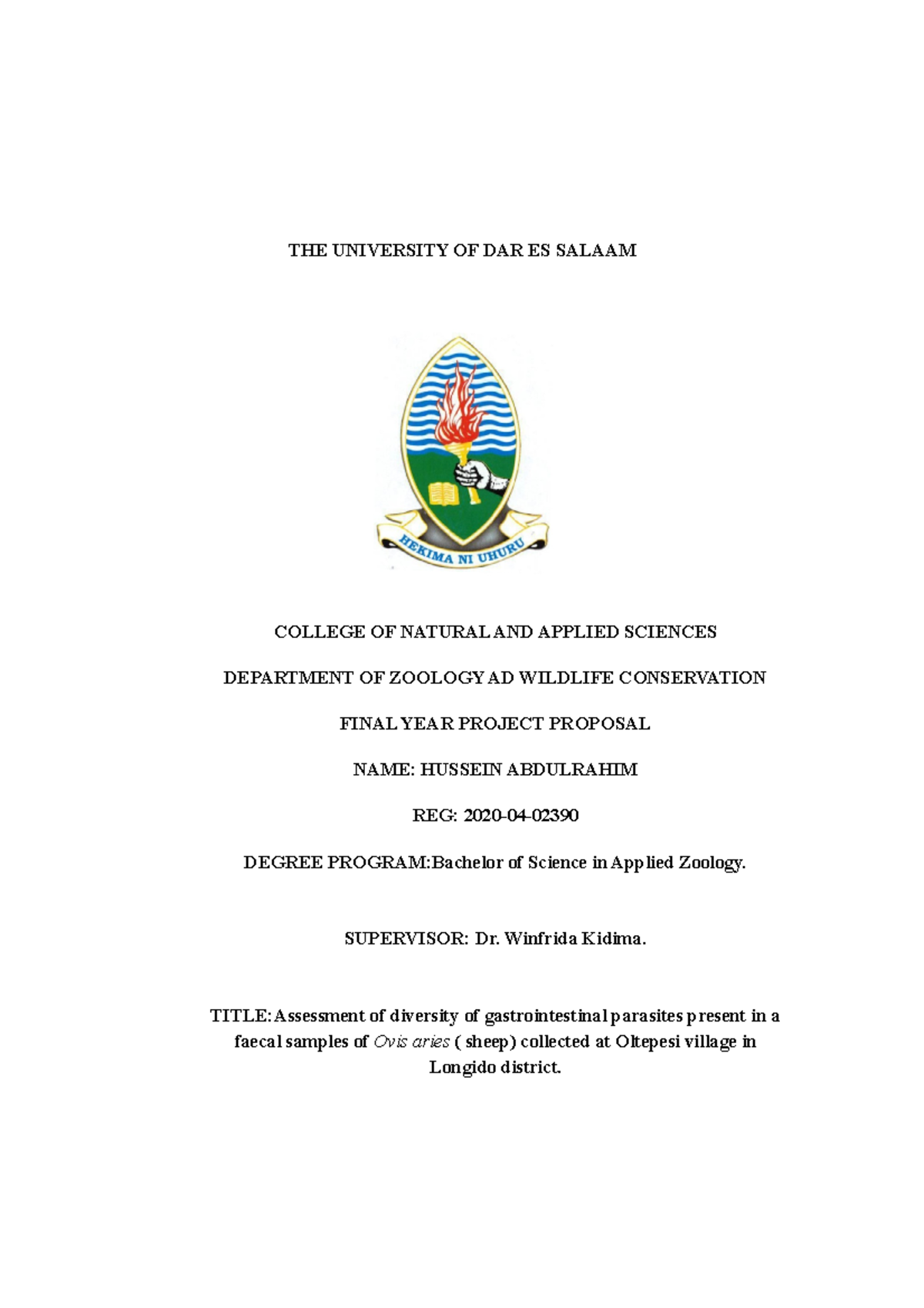 Proposal- Rahim - THE UNIVERSITY OF DAR ES SALAAM COLLEGE OF NATURAL ...