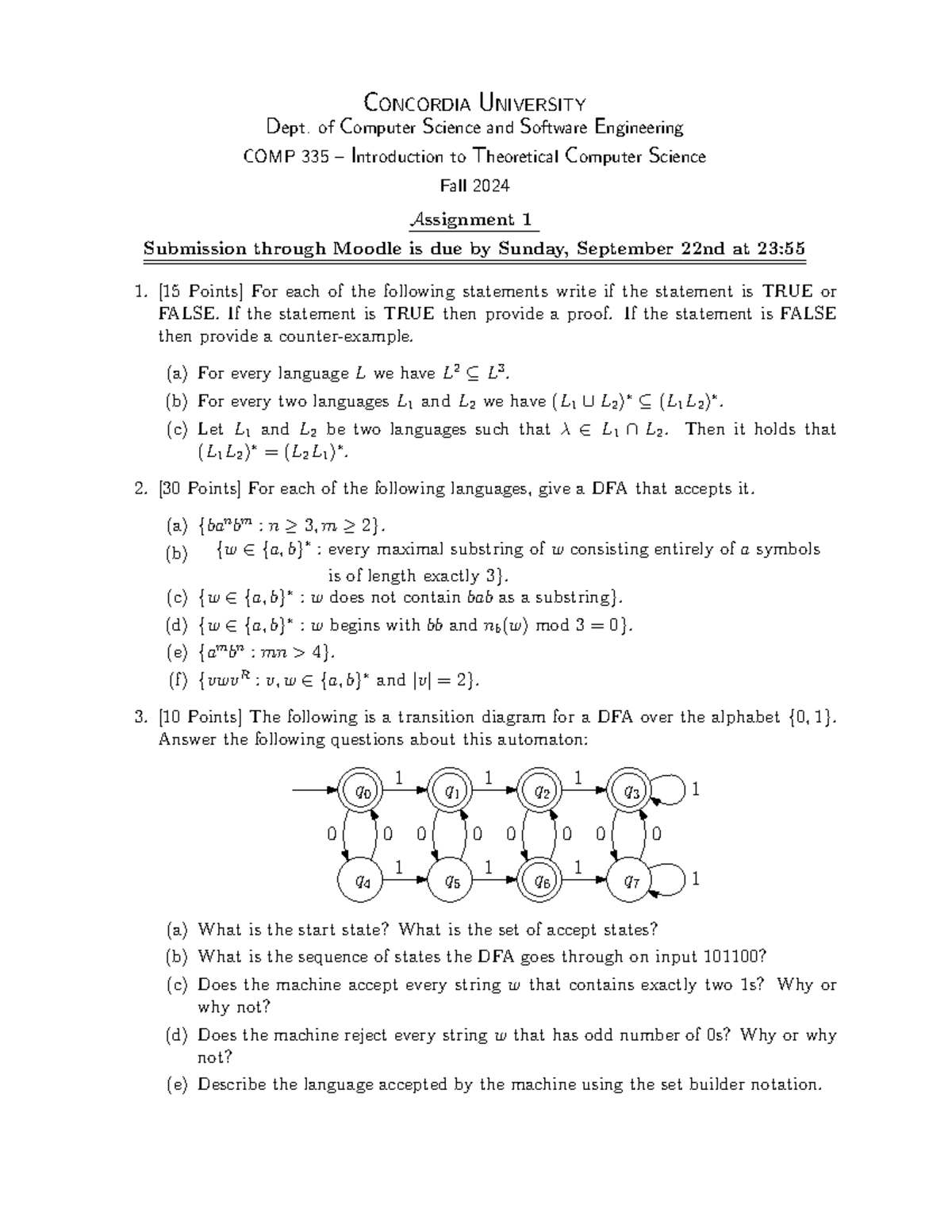 Assignment 1 - Fall 2024 - CONCORDIA UNIVERSITY Dept. of Computer Science and Software ...