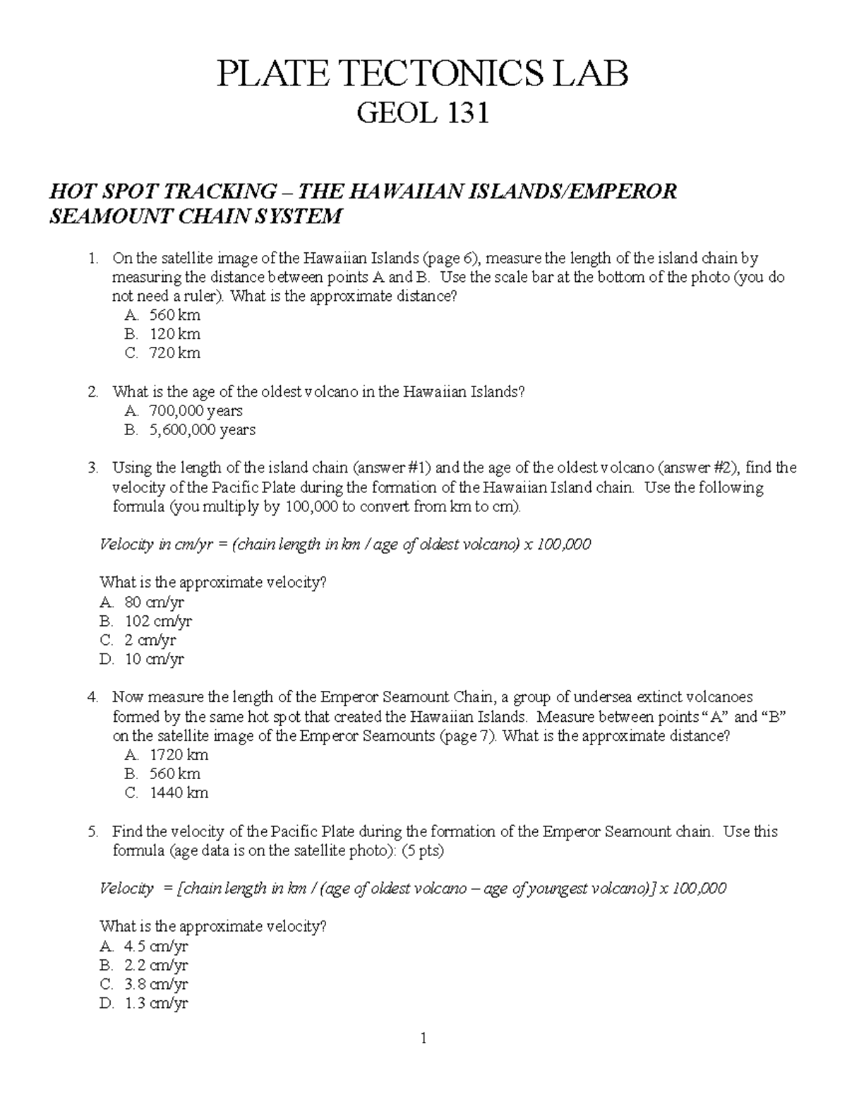 Plate Tectonics Lab Worksheet - PLATE TECTONICS LAB GEOL 131 HOT SPOT ...