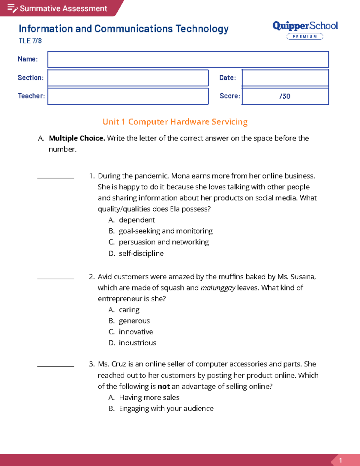 Ict 7 8 Q1 01 Computer Hardware Servicing Sa Tle 7 Name Section Date Teacher Score