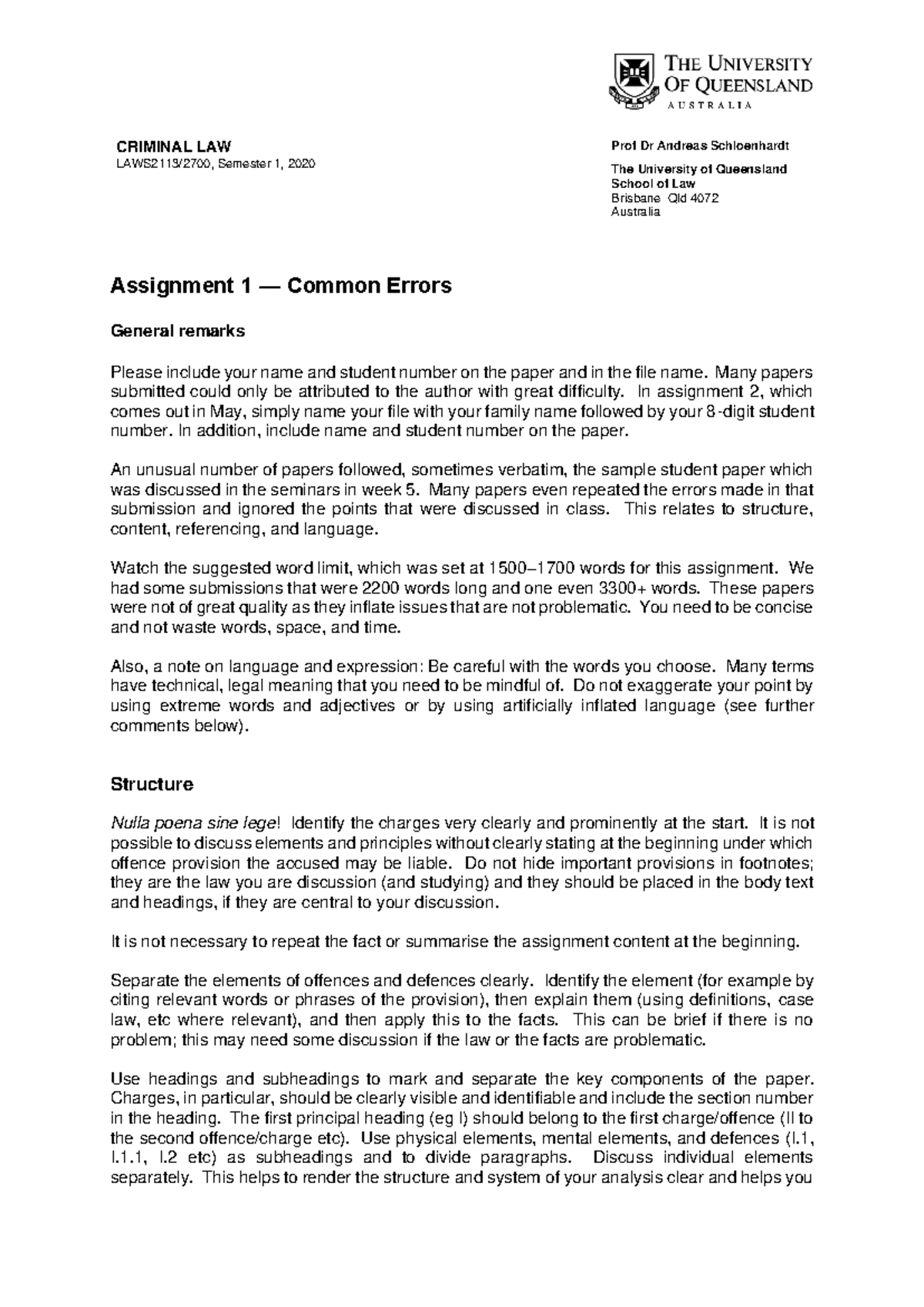 Assignment 1 - common errors (2020) - CRIMINAL LAW LAWS2113/2700 ...