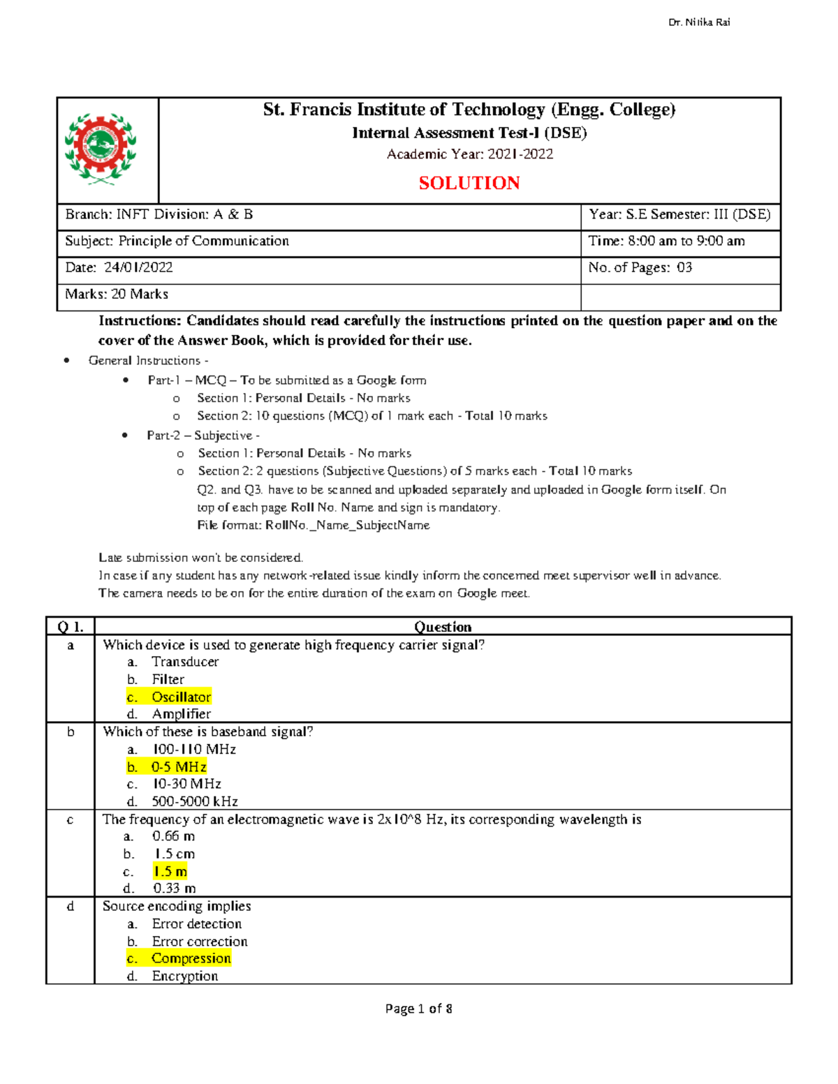 2022 January IAT I SE INFT SE III PCOM Ques Paper DSE Solution PCOM-2021 - St. Francis Institute ...