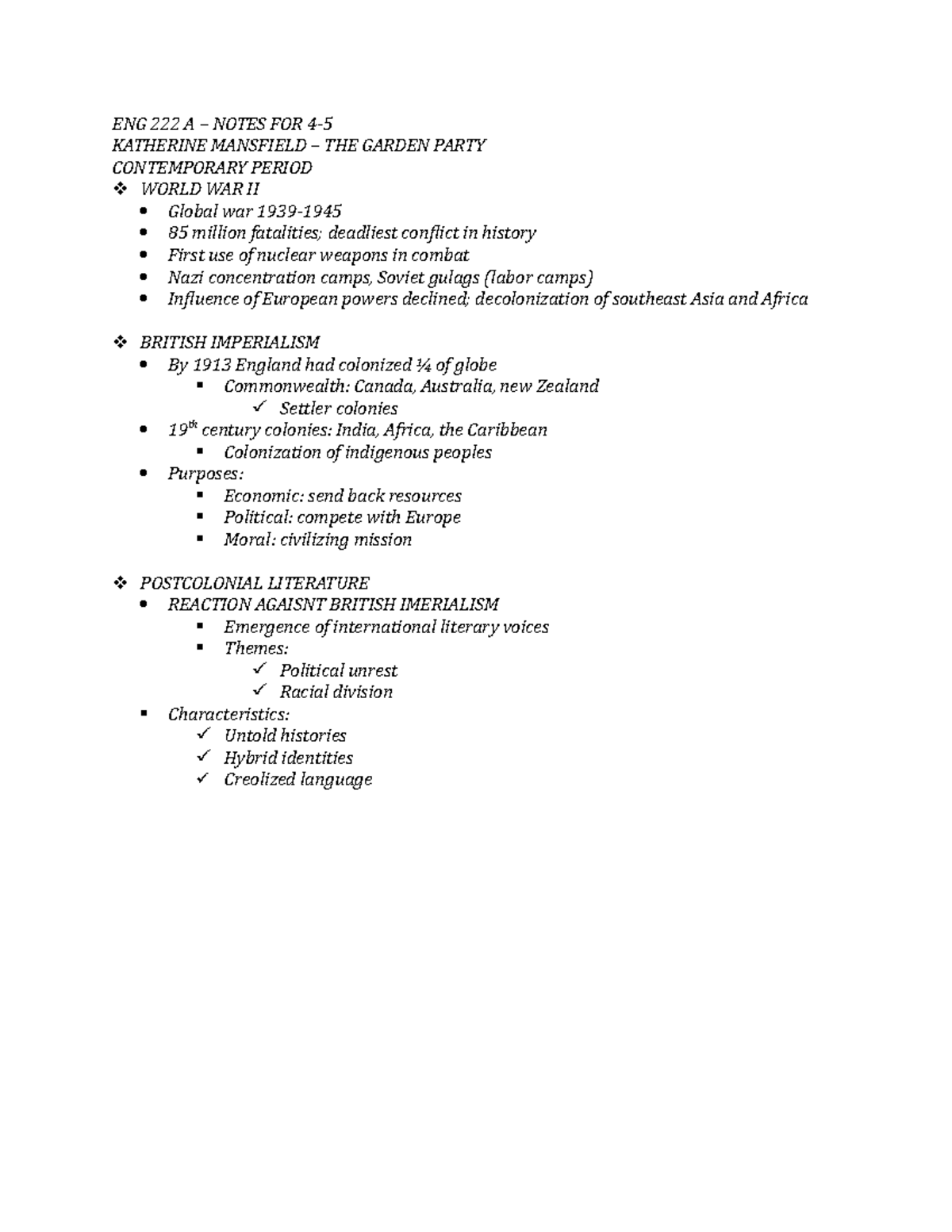 KATHERINE MANSFIELD – THE GARDEN PARTY - ENG 222 A – NOTES FOR 4 ...