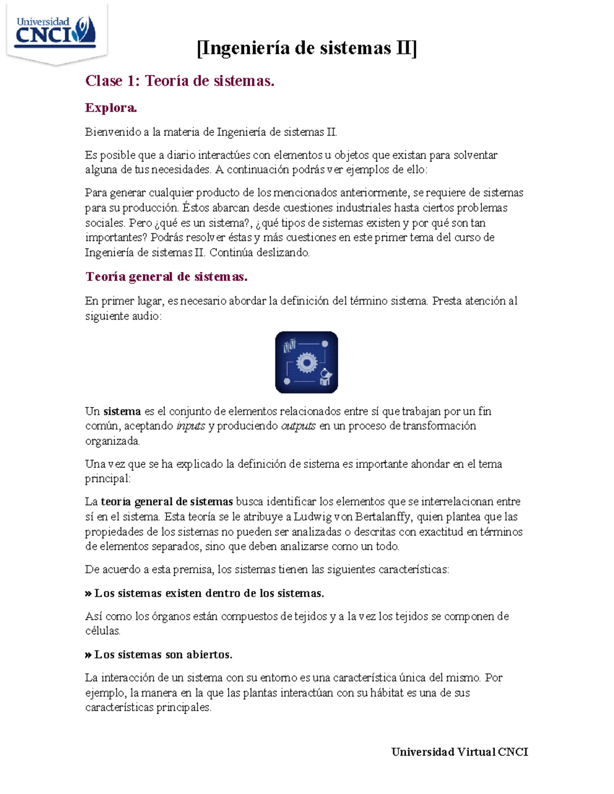 Clase 1; Teoría de sistemas - Explora. Bienvenido a la materia de ...