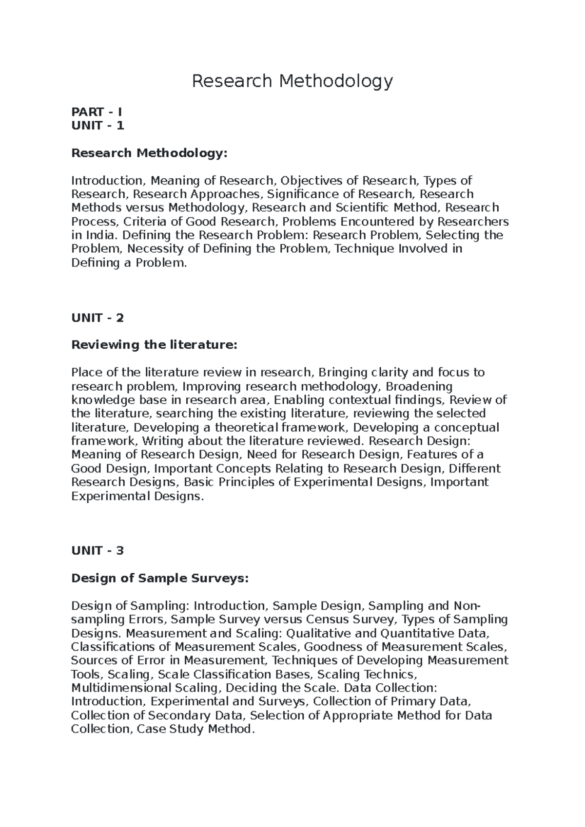 Research Methodology - Research Methodology PART - I UNIT - 1 Research ...