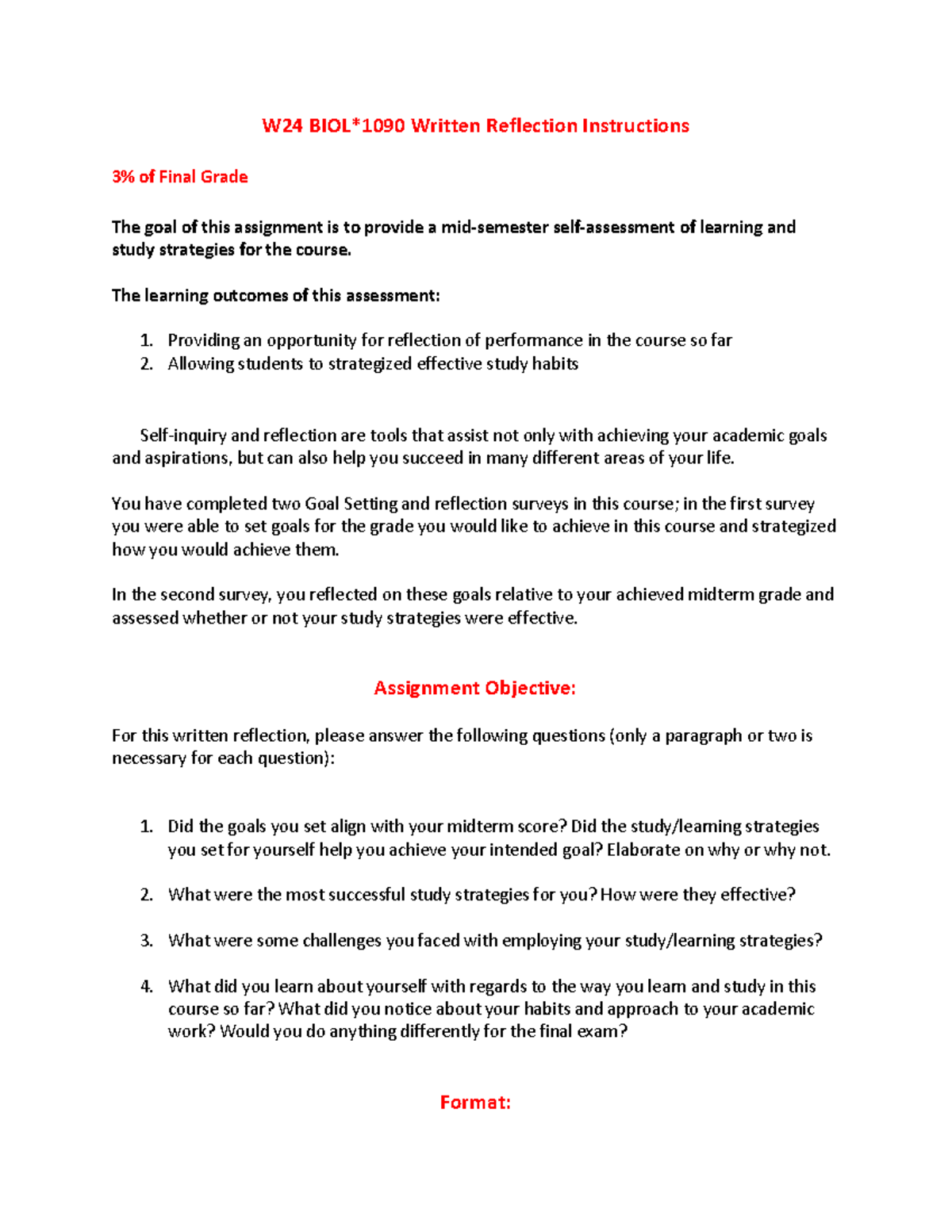 BIOL1090 W24 Written reflection assignment instructions - W24 BIOL*1090 ...