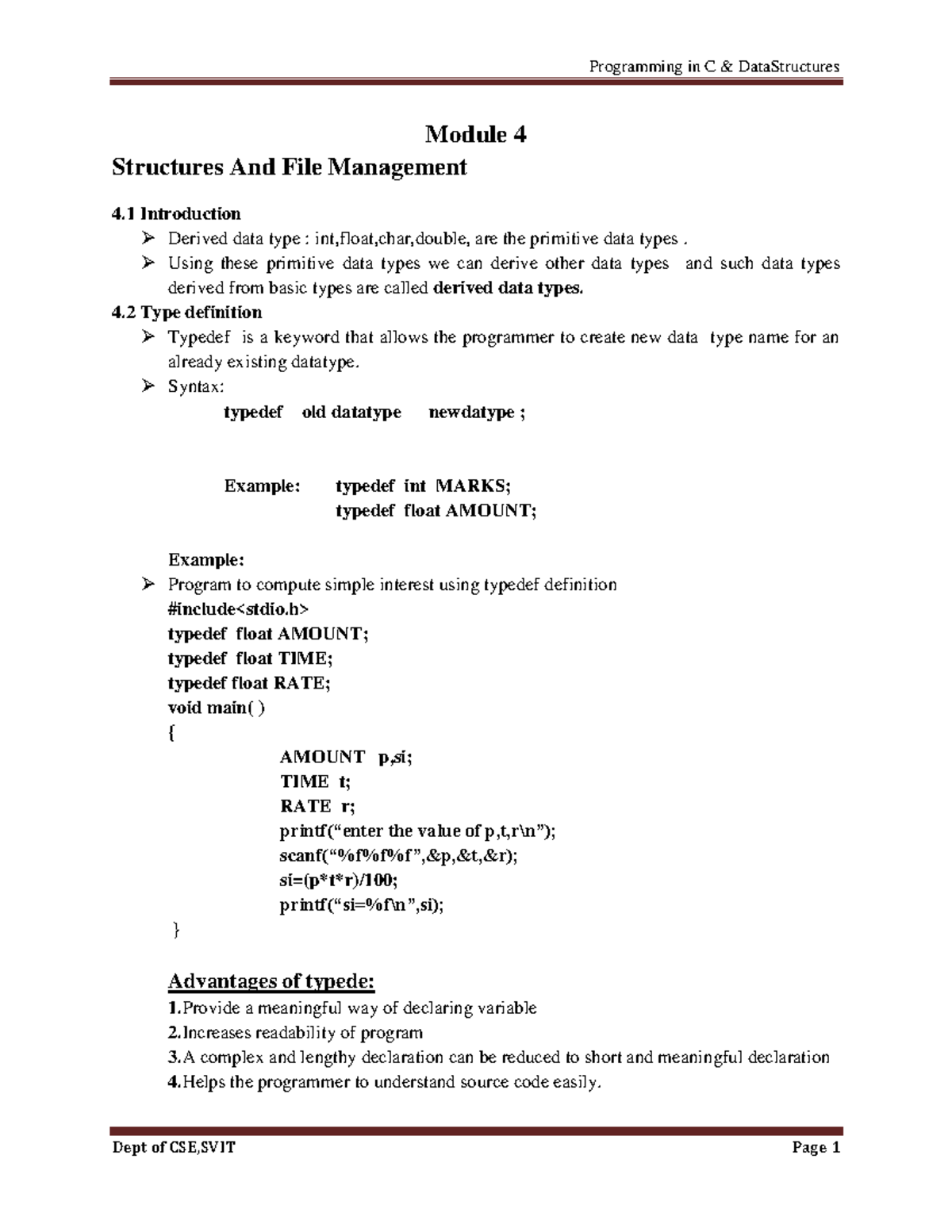 Module-4-Backbencher - Module 4 Structures And File Management 4 Introduction Derived data type ...