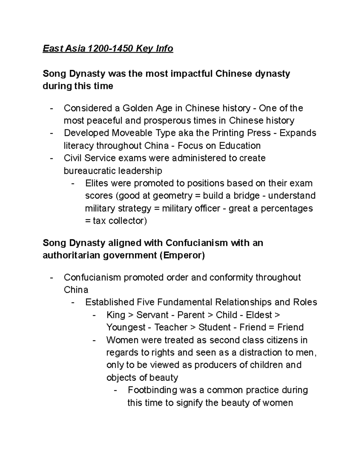 World History Unit 1 Notes - East Asia 1200-1450 Key Info Song Dynasty ...