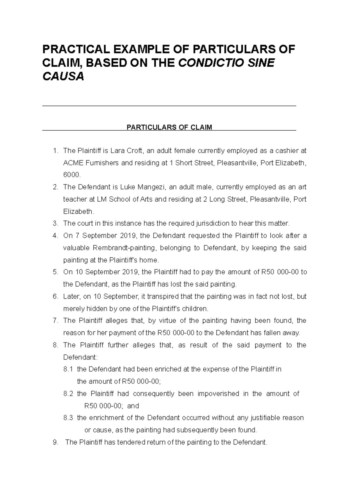 POC - condictio sine causa - PRACTICAL EXAMPLE OF PARTICULARS OF CLAIM ...