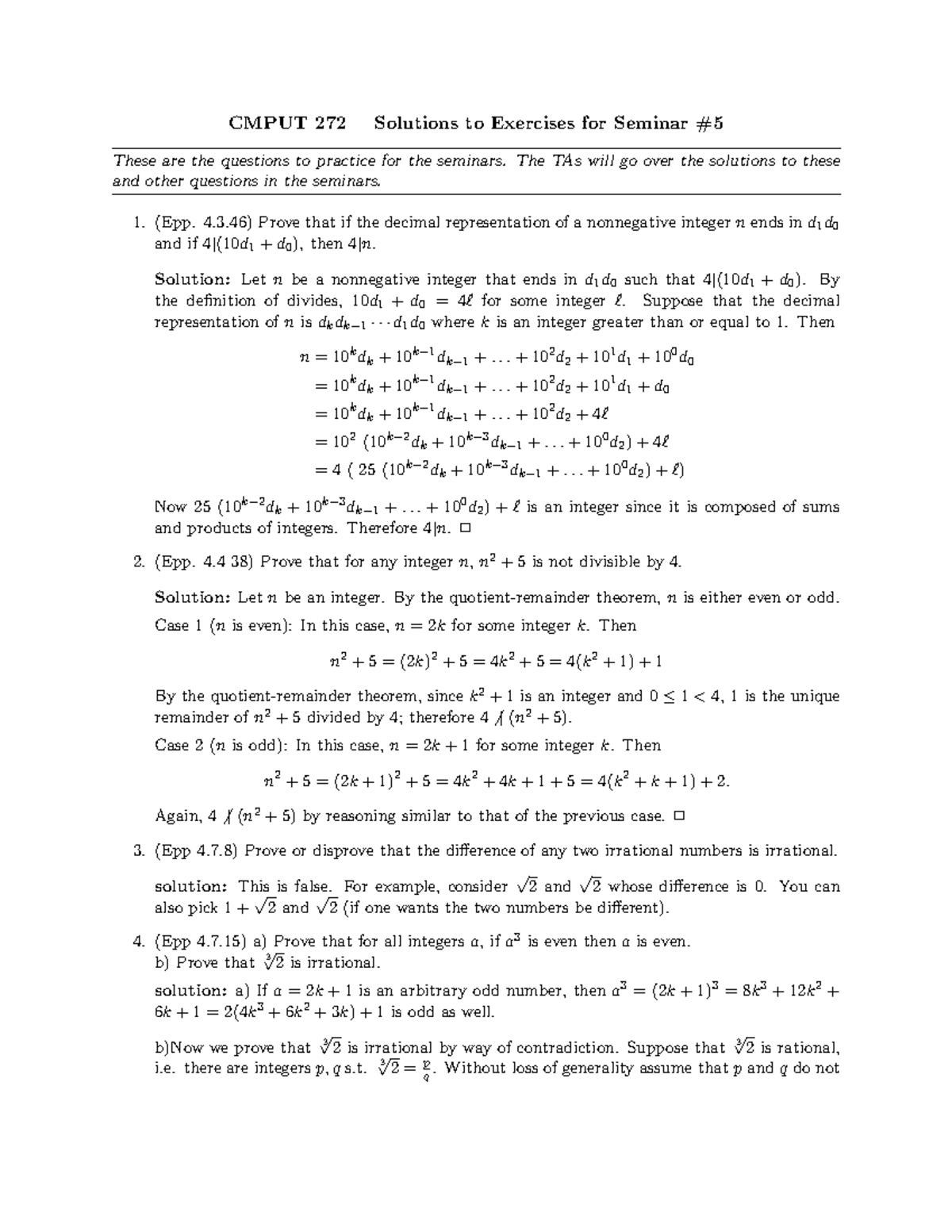 Seminar 5-sol - Practice - CMPUT 272 Solutions to Exercises for Seminar These are the questions ...