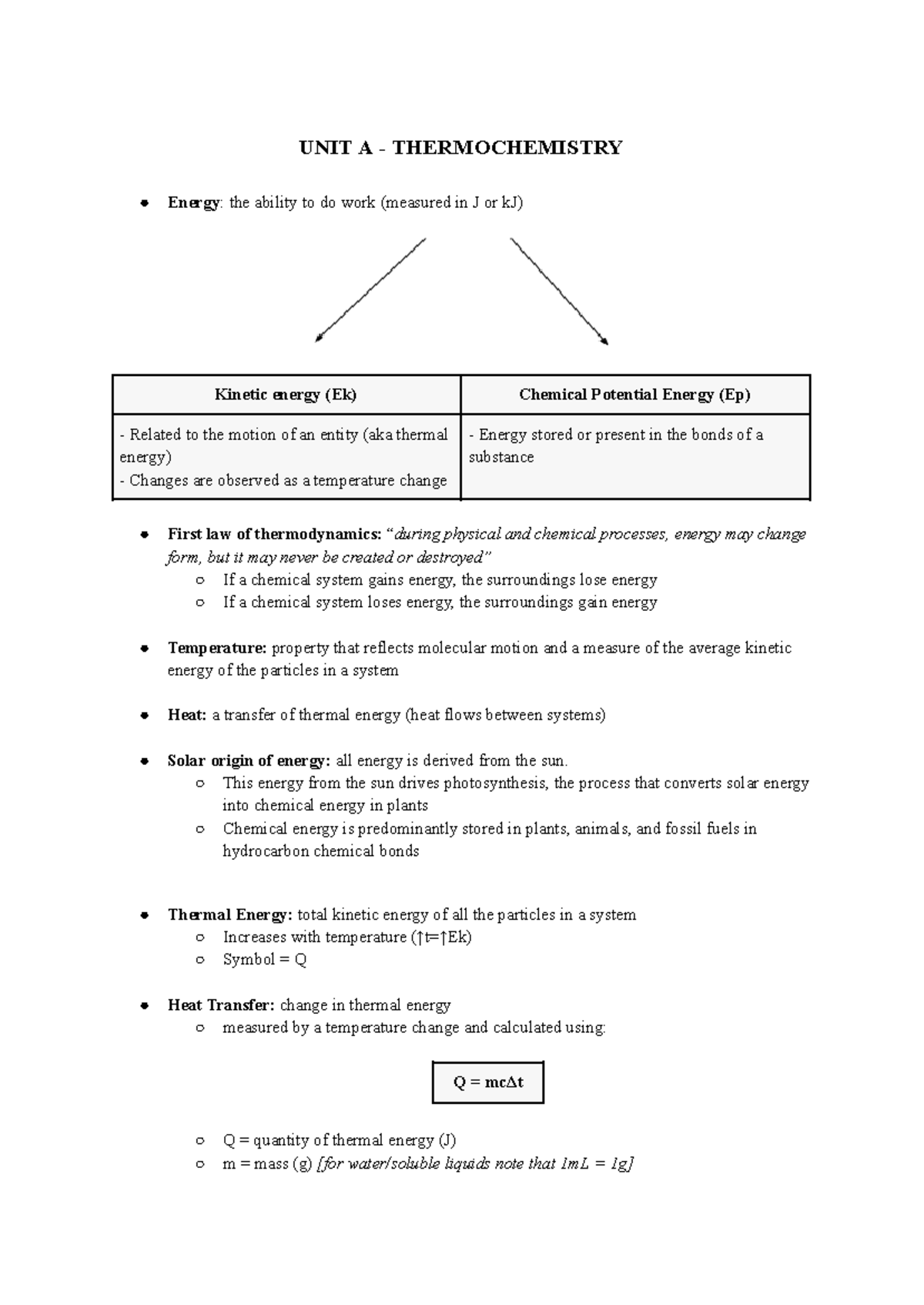 Thermochemistry Final EXAM Notes - UNIT A - THERMOCHEMISTRY Energy: the ...
