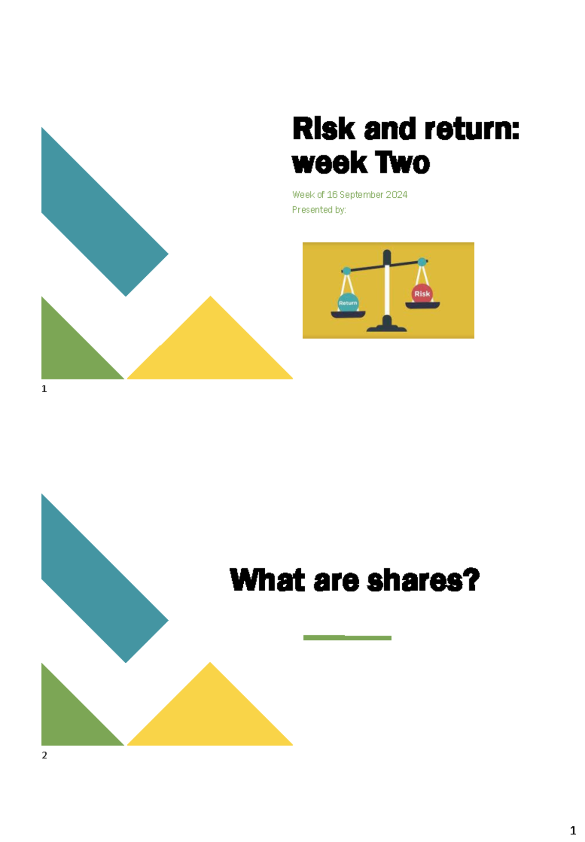 MPT lecture slides - Risk and return: week Two Week of 16 September ...