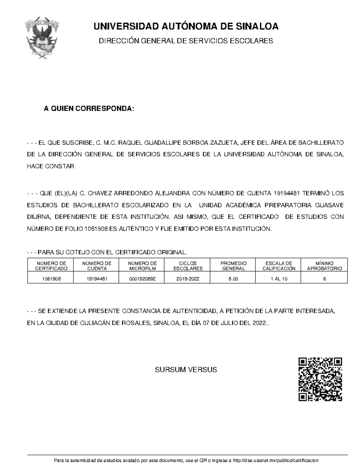 CERT 1061908 - ll- UNIVERSIDAD AUTÓNOMA DE SINALOA DIRECCIÓN GENERAL DE ...