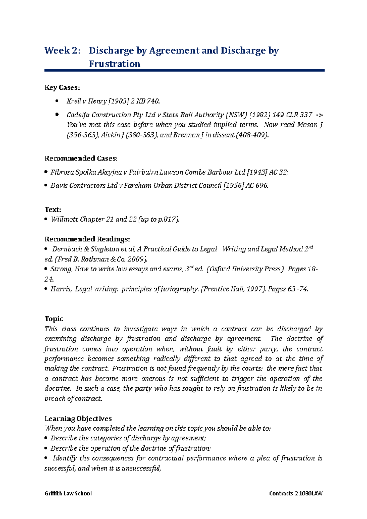 Contracts 2 1030LAW Week 2 Outline - Week 2: Discharge by Agreement and ...