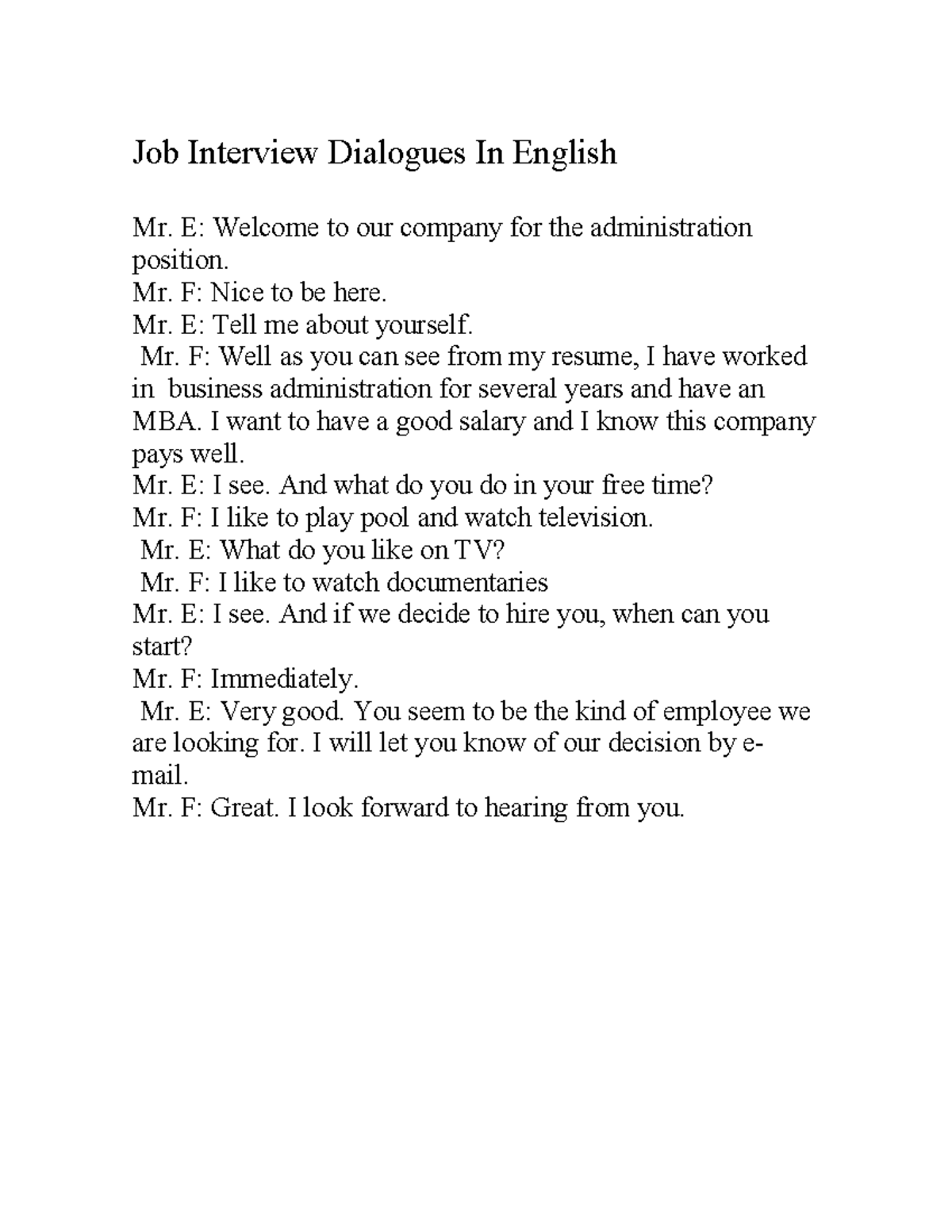 Job Interview Dialogues In English - E: Welcome to our company for the ...