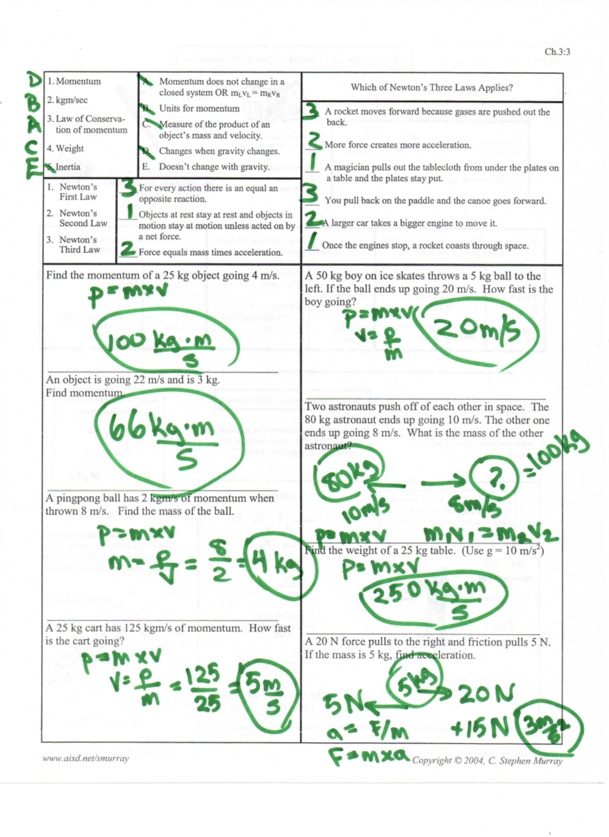 Answer key momentum and calculating momentum ipc - Ch:3 1. Momentum ...