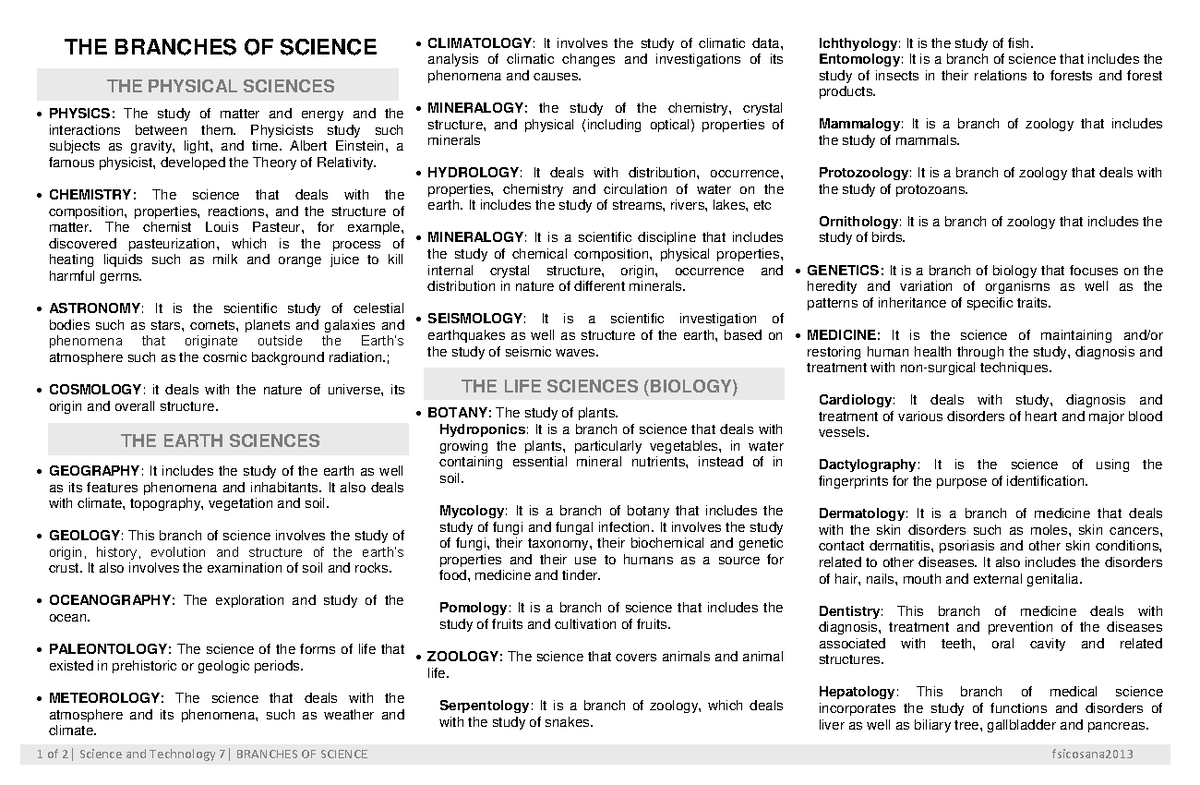 Branches of science hand out - 1 of 2| Science and Technology 7 ...
