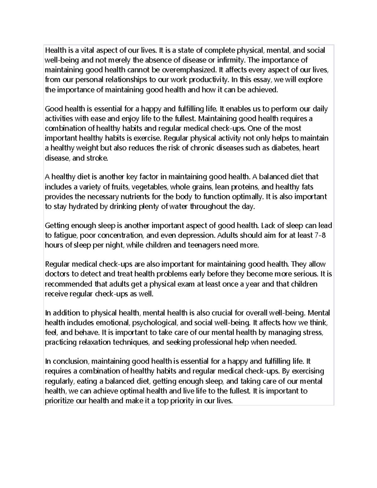 Doc2 - In class assignment - Health is a vital aspect of our lives. It ...