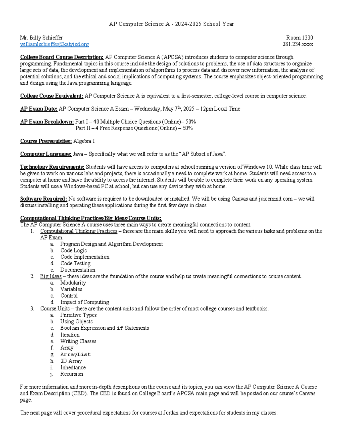 AP Computer Science A Syllabus 24-25 - Schieffer - AP Computer Science A - 2024-2025 School Year ...