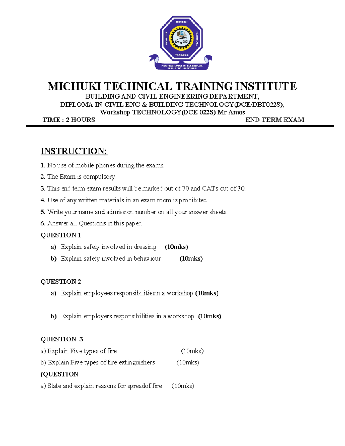 Workshop - Good - MICHUKI TECHNICAL TRAINING INSTITUTE BUILDING AND ...