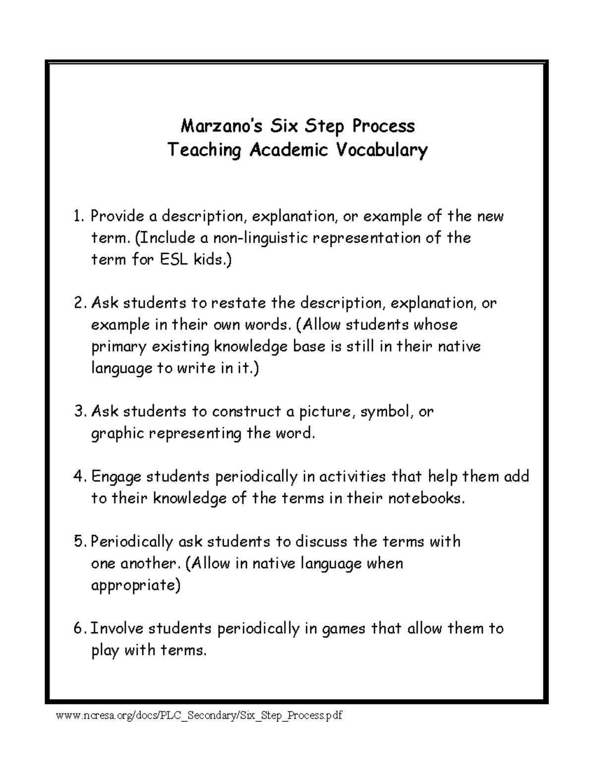 Six Step Process Teaching Academic Vocabulary- Marzano - - Studocu